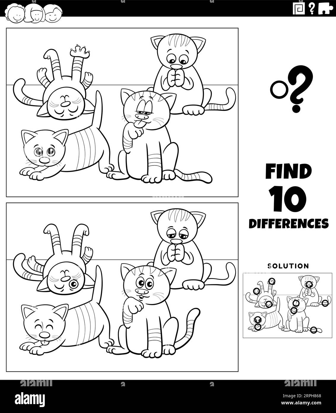 Black and white cartoon illustration of finding the differences between ...