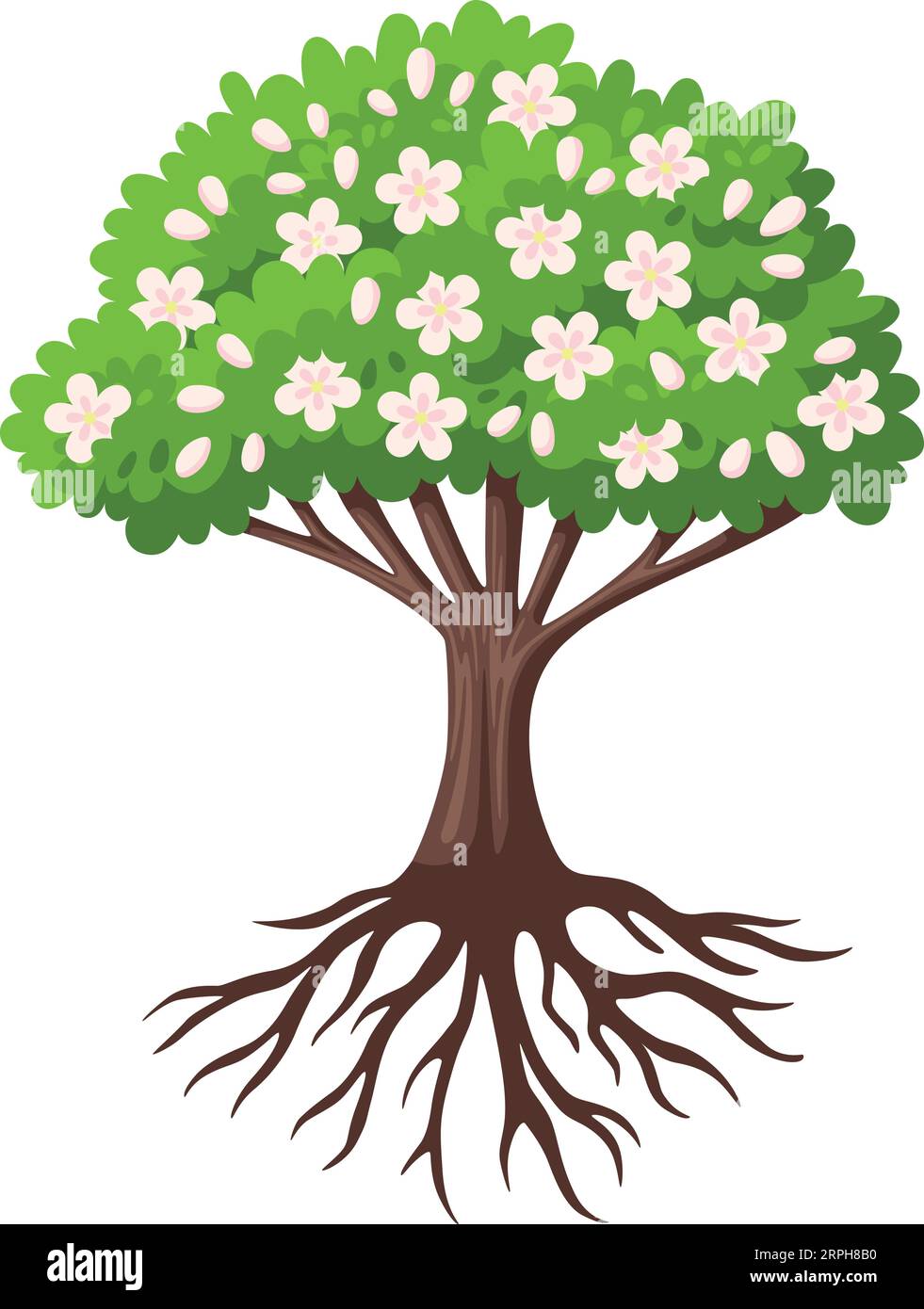 Blooming tree icon. Cartoon green plant with white flowers Stock Vector ...