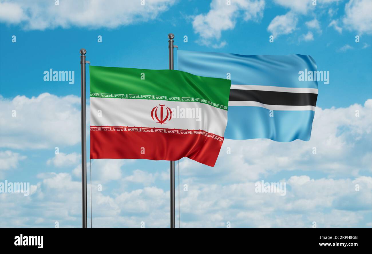 Botswana flag and Iran flag waving together on blue sky, two country ...