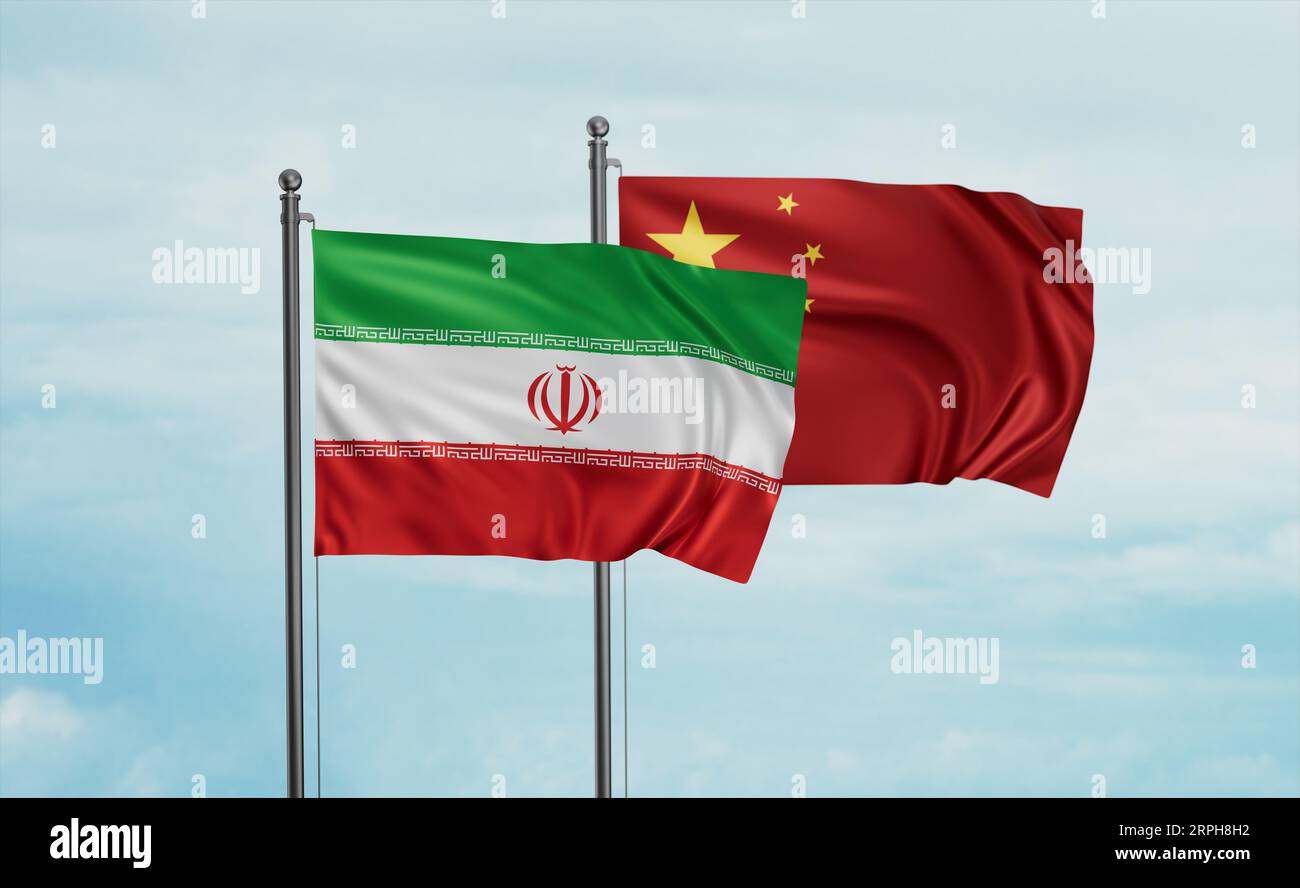 China flag and Iran flag waving together on blue sky, two country ...