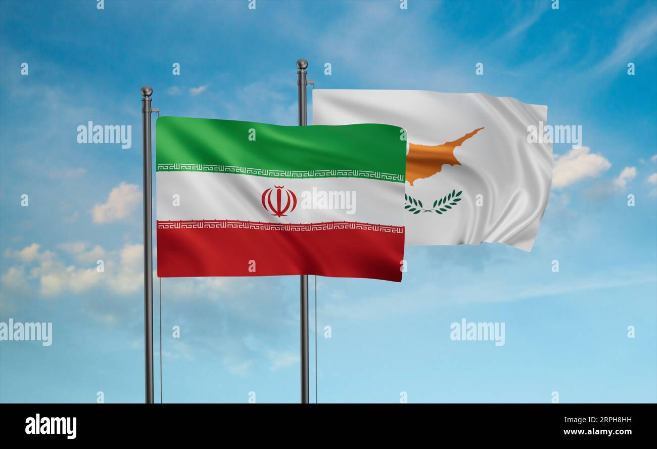 Cyprus flag and Iran flag waving together on blue sky, two country ...