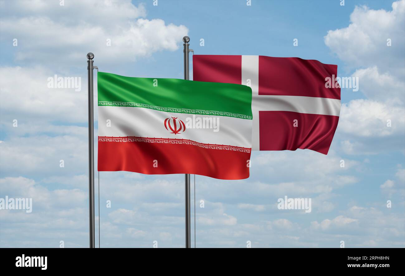 Denmark flag and Iran flag waving together on blue sky, two country ...