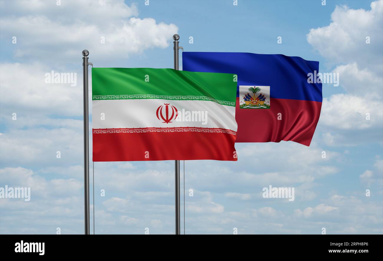 Haiti flag and Iran flag waving together on blue sky, two country ...