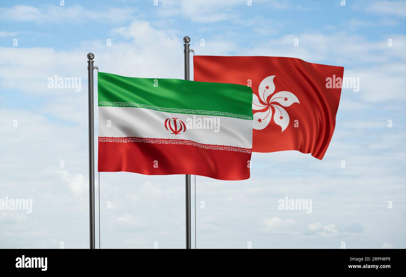 Hong Kong flag and Iran flag waving together on blue sky, two country ...