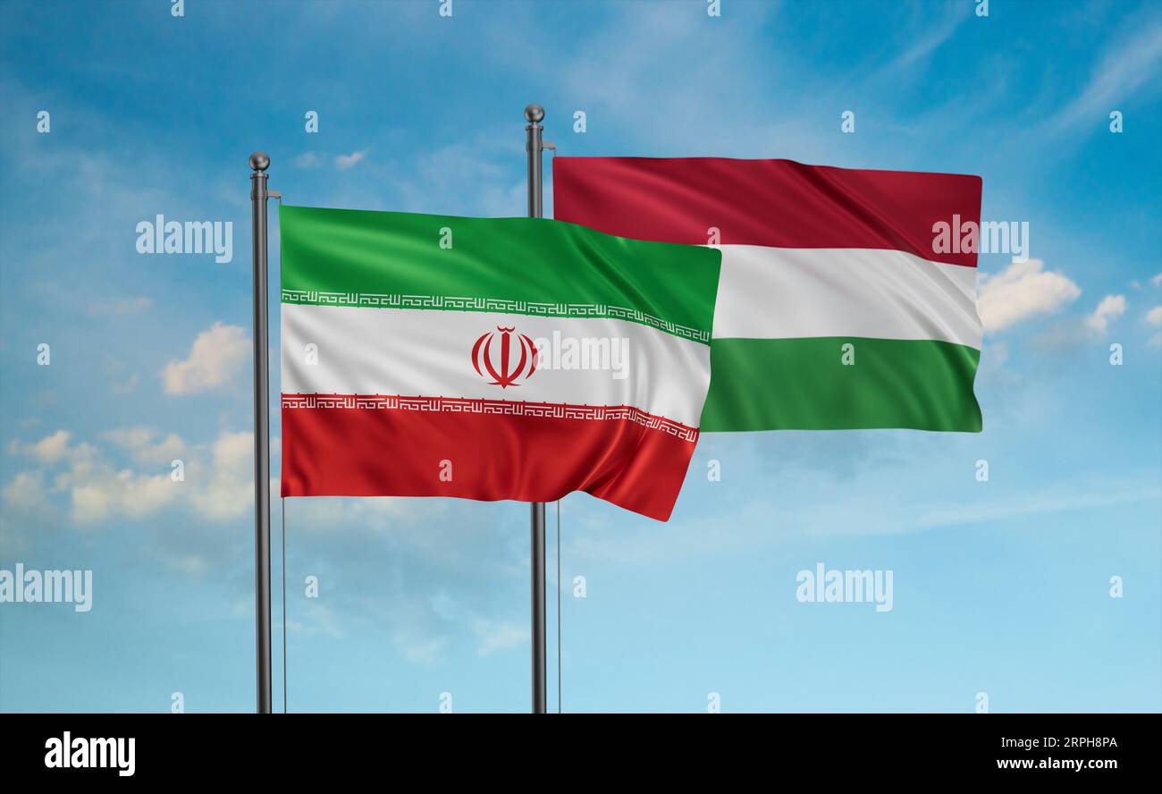 Hungary flag and Iran flag waving together on blue sky, two country ...