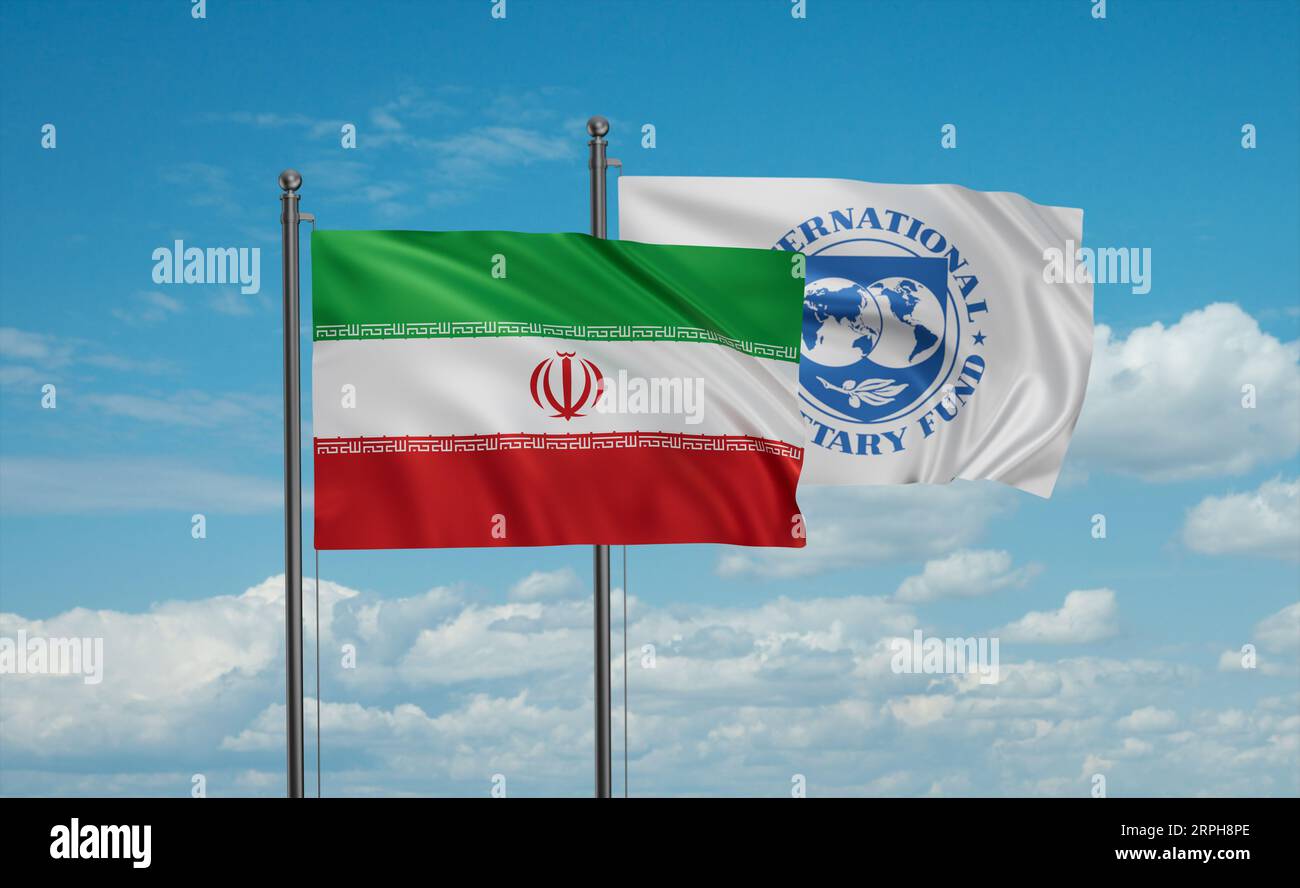 IMF International Monetary Fund flag and Iran flag waving together on ...