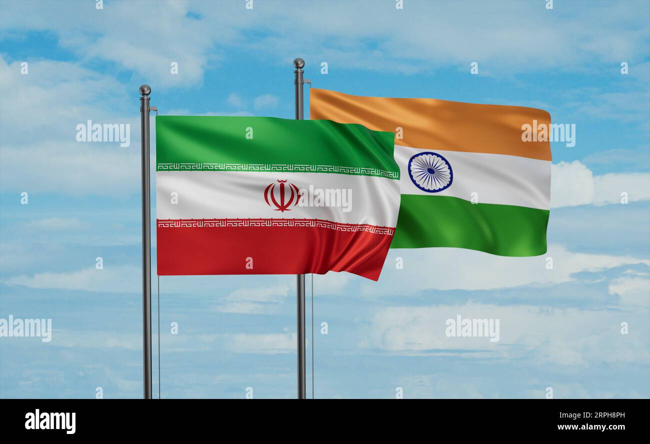 India flag and Iran flag waving together on blue sky, two country ...