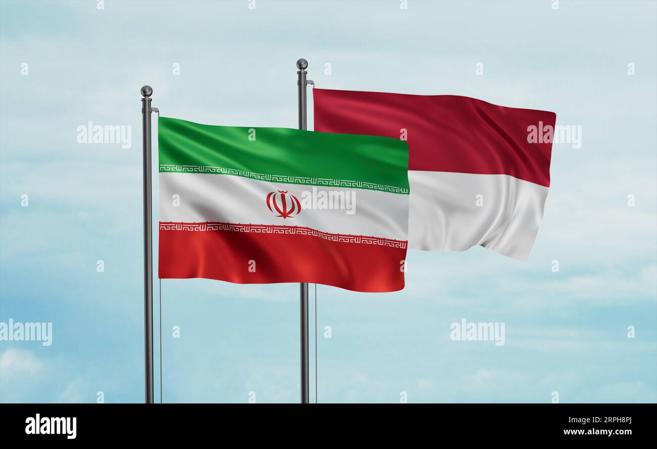 Indonesia flag and Iran flag waving together on blue sky, two country ...