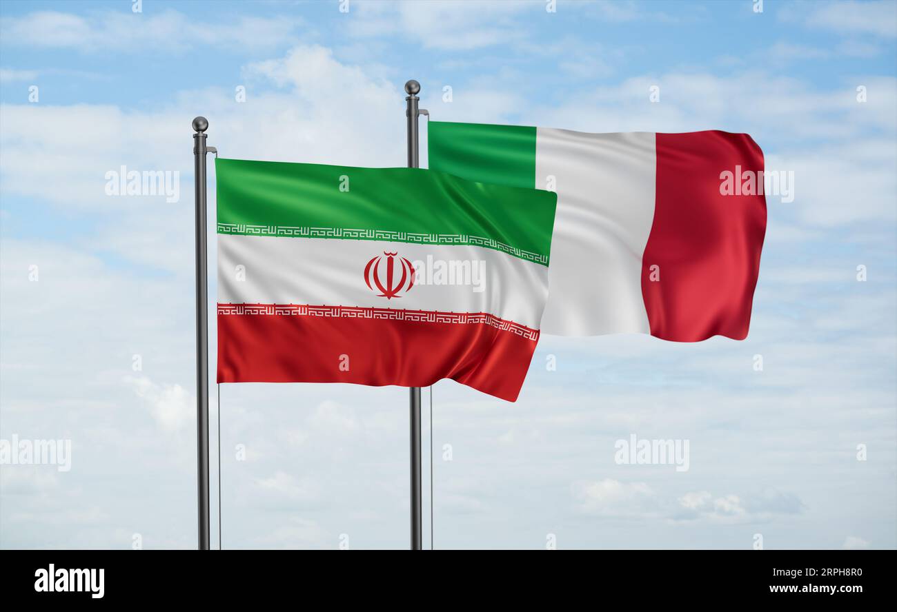 Italy and Iran flag waving together in the wind on blue sky, two ...