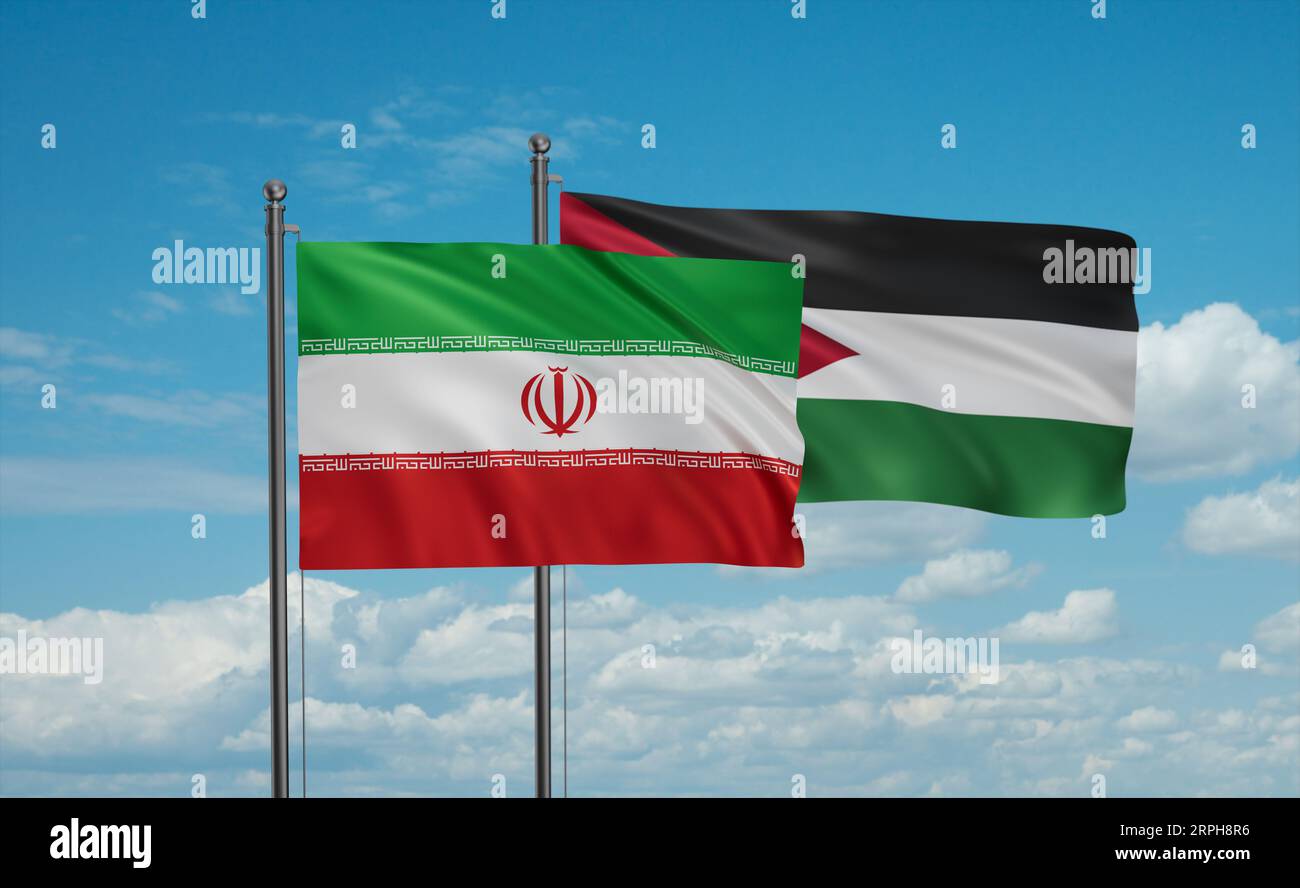 Jordan and Iran flag waving together in the wind on blue sky, two ...