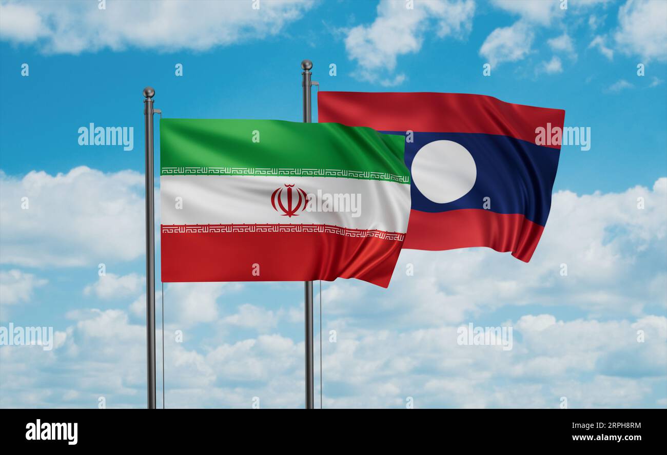 Laos flag and Iran flag waving together on blue sky, two country ...