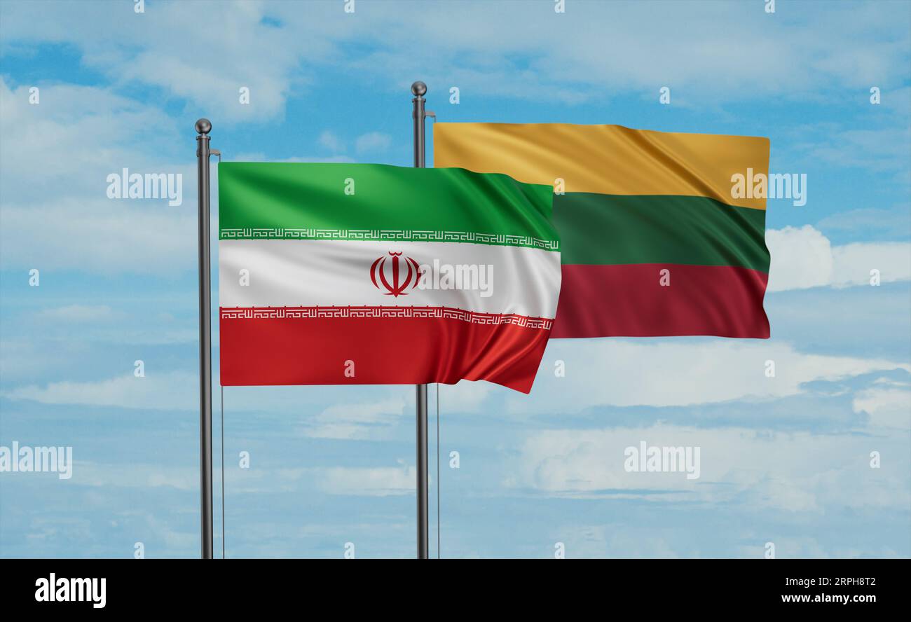 Lithuania flag and Iran flag waving together on blue sky, two country ...