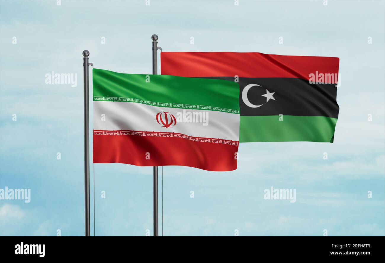 Libya and Iran flag waving together in the wind on blue sky, two ...