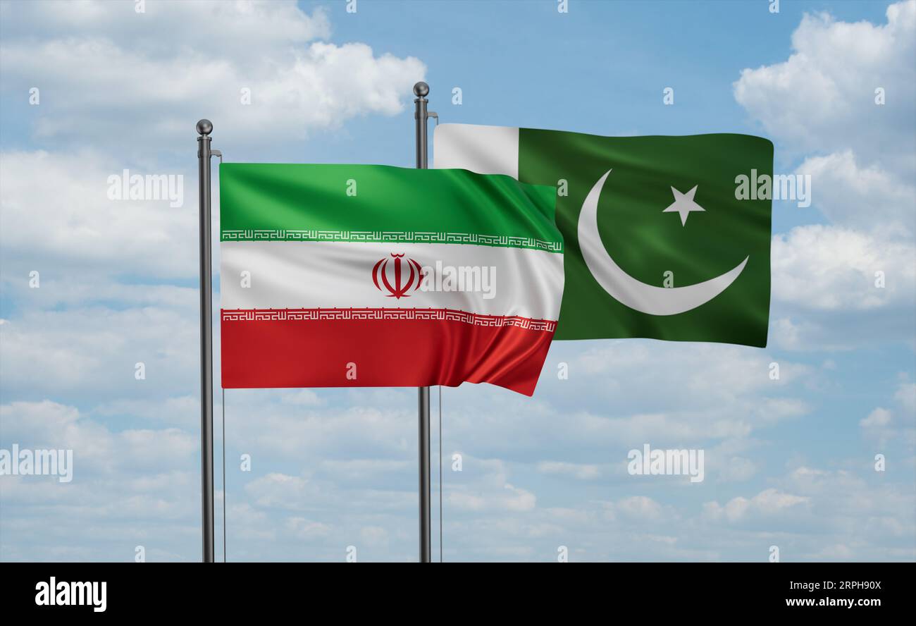 Pakistan flag and Iran flag waving together on blue sky, two country ...