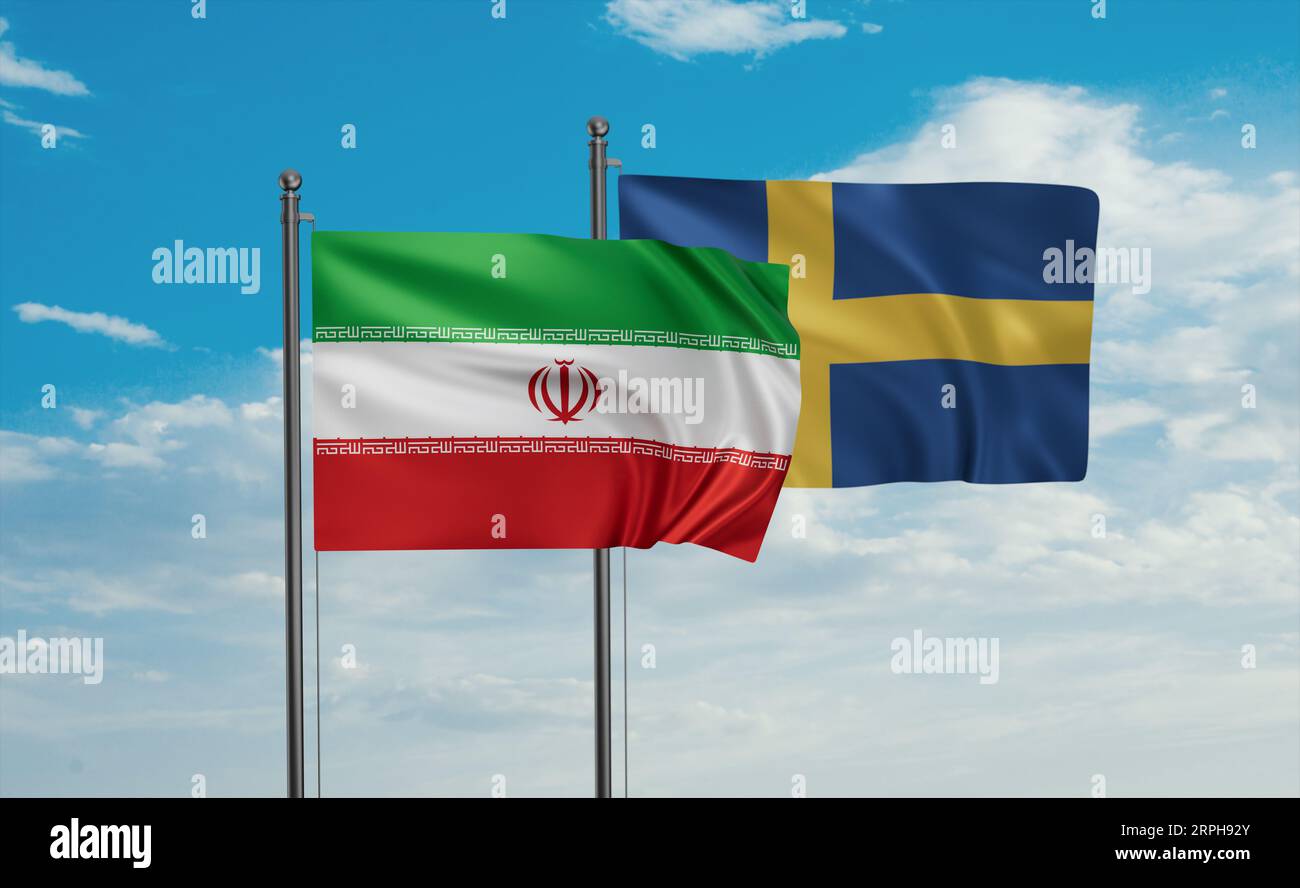 Sweden and Iran flag waving together in the wind on blue sky, two ...