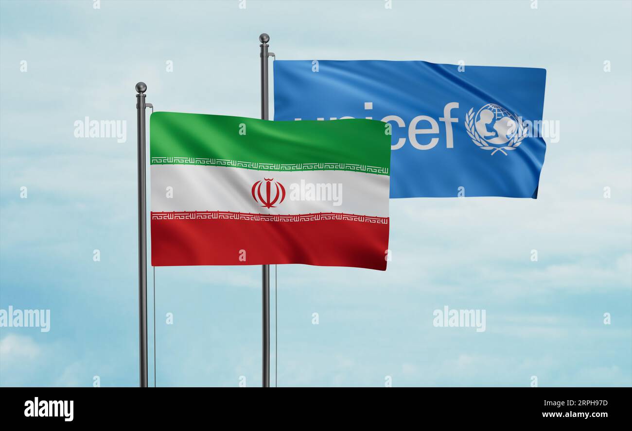UNICEF and Iran flag waving together in the wind on blue sky Stock ...