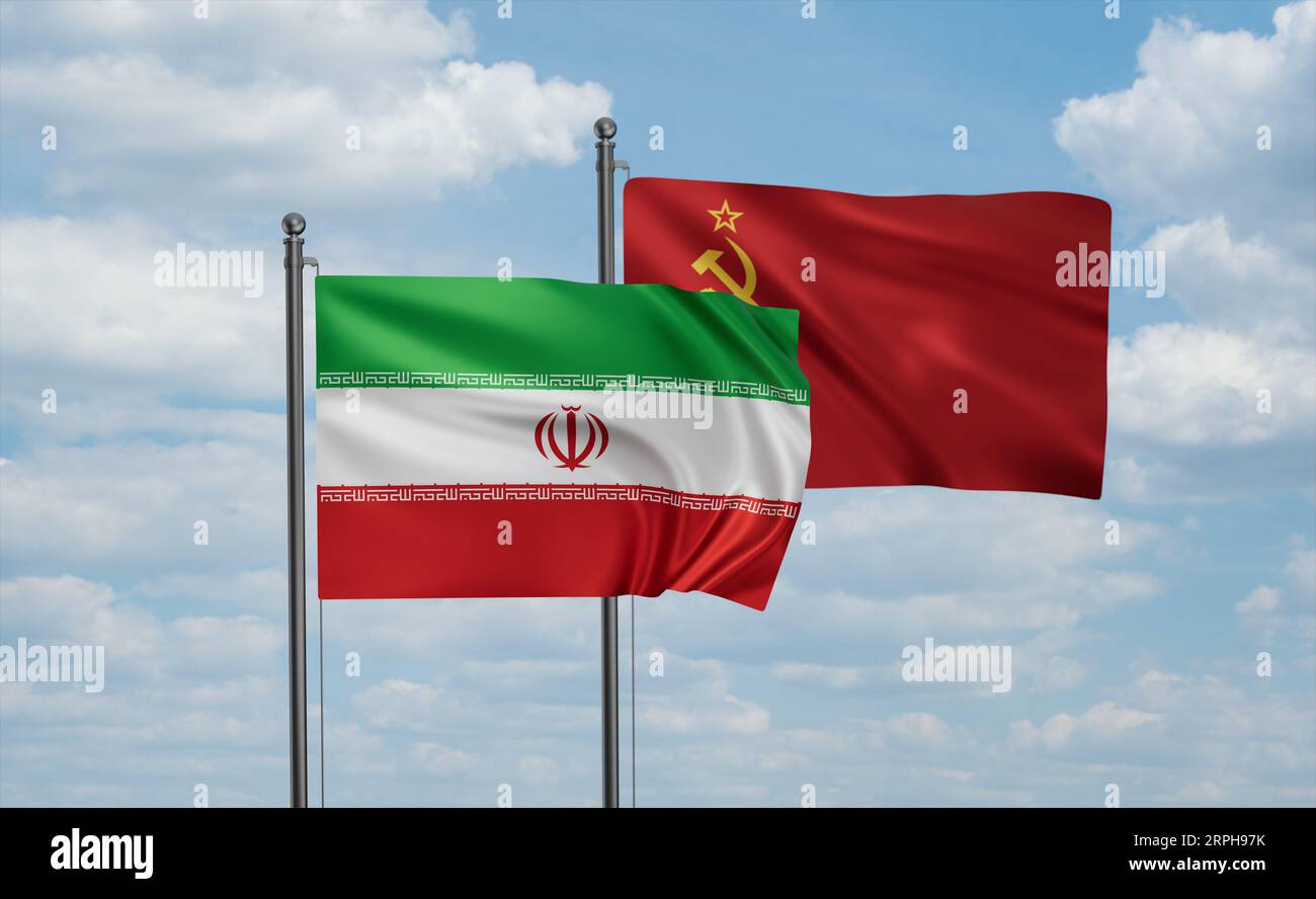 Soviet Union or USSR and Iran flag waving together in the wind on blue ...
