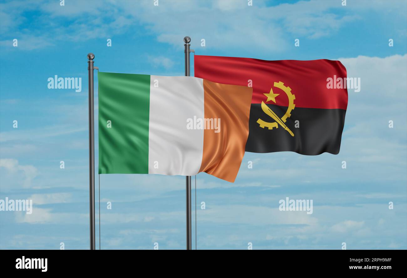 Ireland flag and Angola flag waving together in the wind on blue sky ...