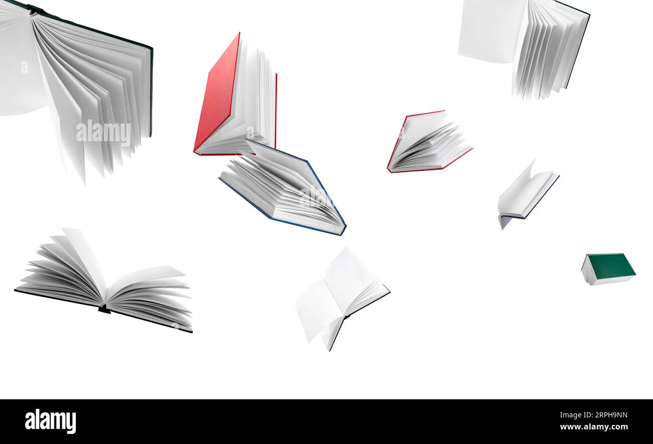 Many flying books on white background Stock Photo - Alamy