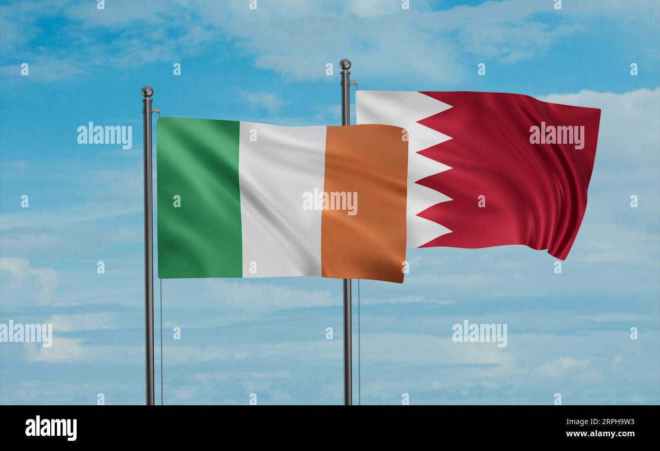 Bahrain flag and Ireland flag waving together on blue sky, two country ...