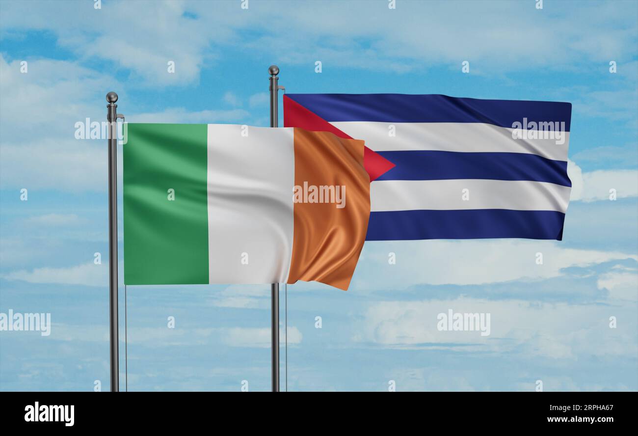 Cuba and Ireland flag waving together in the wind on blue sky, two ...