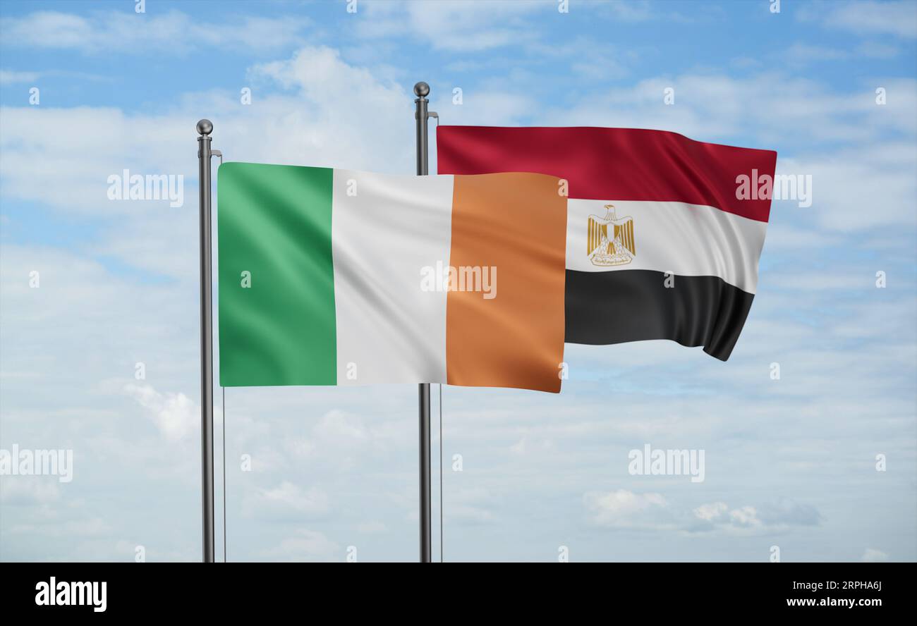 Egypt flag and Ireland flag waving together on blue sky, two country ...