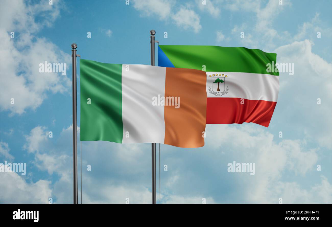 Equatorial Guinea flag and Ireland flag waving together on blue sky ...
