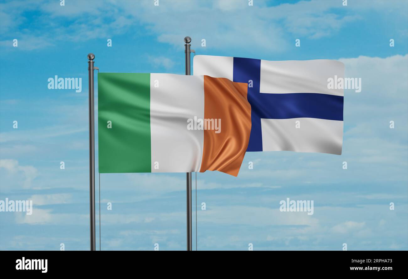 Finland flag and Ireland flag waving together on blue sky, two country ...