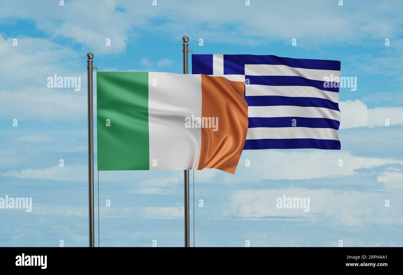 Greece flag and Ireland flag waving together on blue sky, two country ...