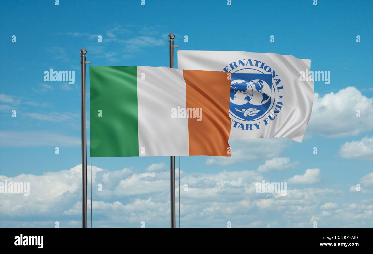 IMF International Monetary Fund flag and Ireland flag waving together ...