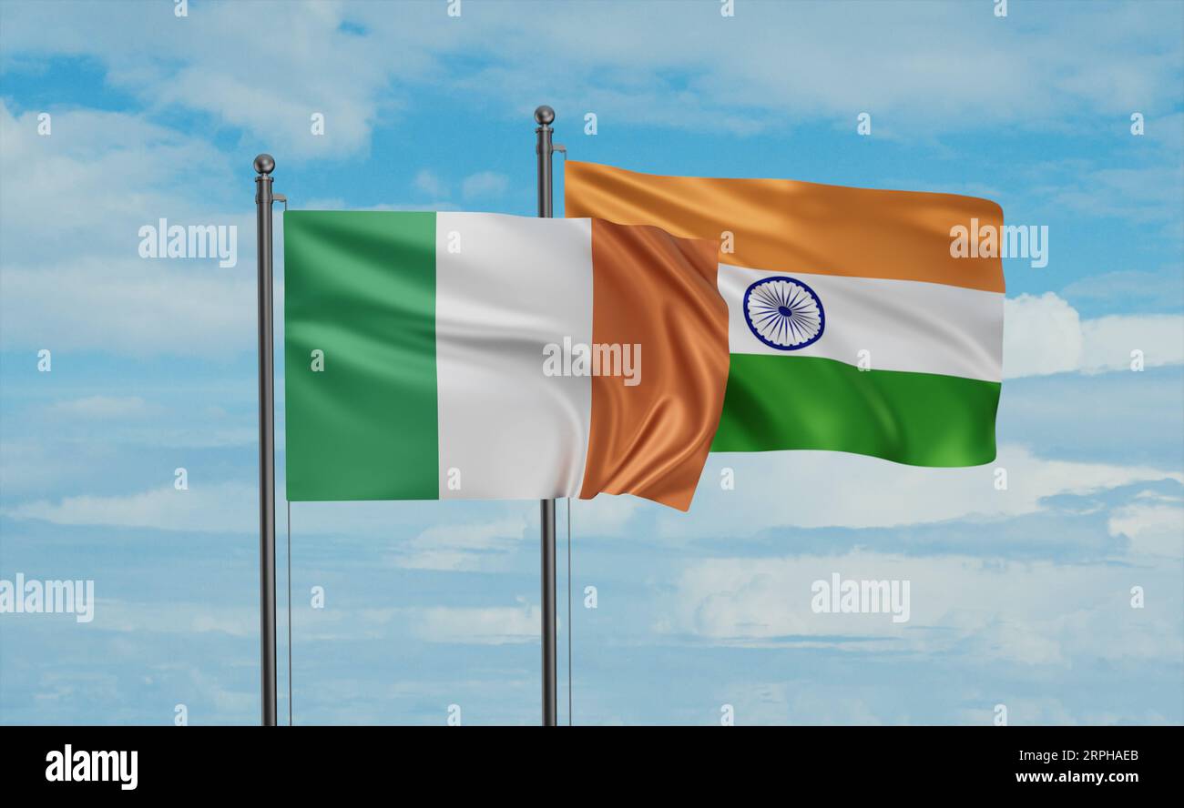 India flag and Ireland flag waving together on blue sky, two country ...