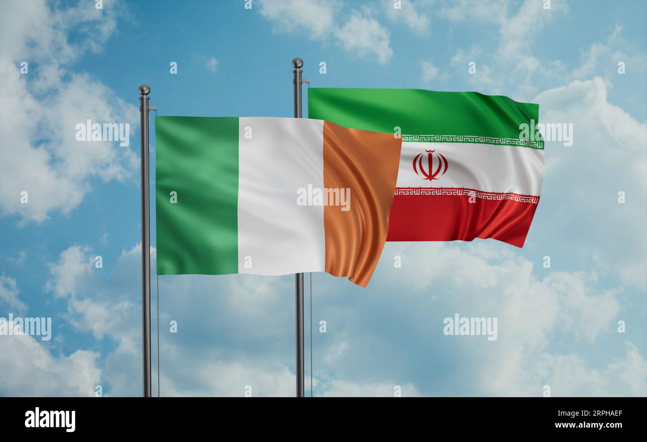 Iran flag and Ireland flag waving together on blue sky Stock Photo - Alamy