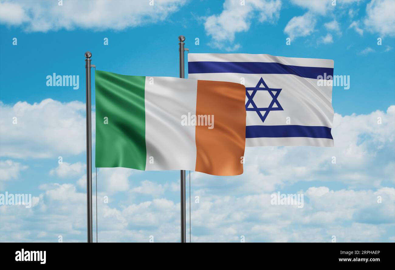 Israel flag and Ireland flag waving together on blue sky, two country ...