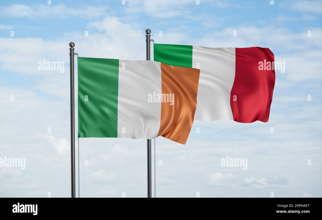 Italy and Ireland flag waving together in the wind on blue sky, two ...