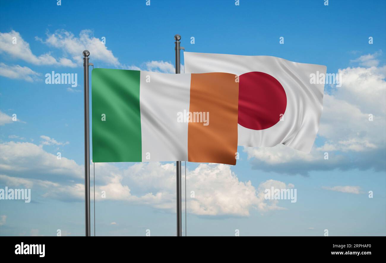 Japan flag and Ireland flag waving together on blue sky, two country ...
