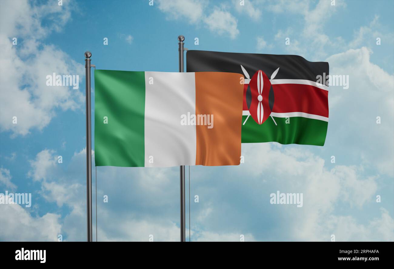 Kenya flag and Ireland flag waving together on blue sky, two country ...