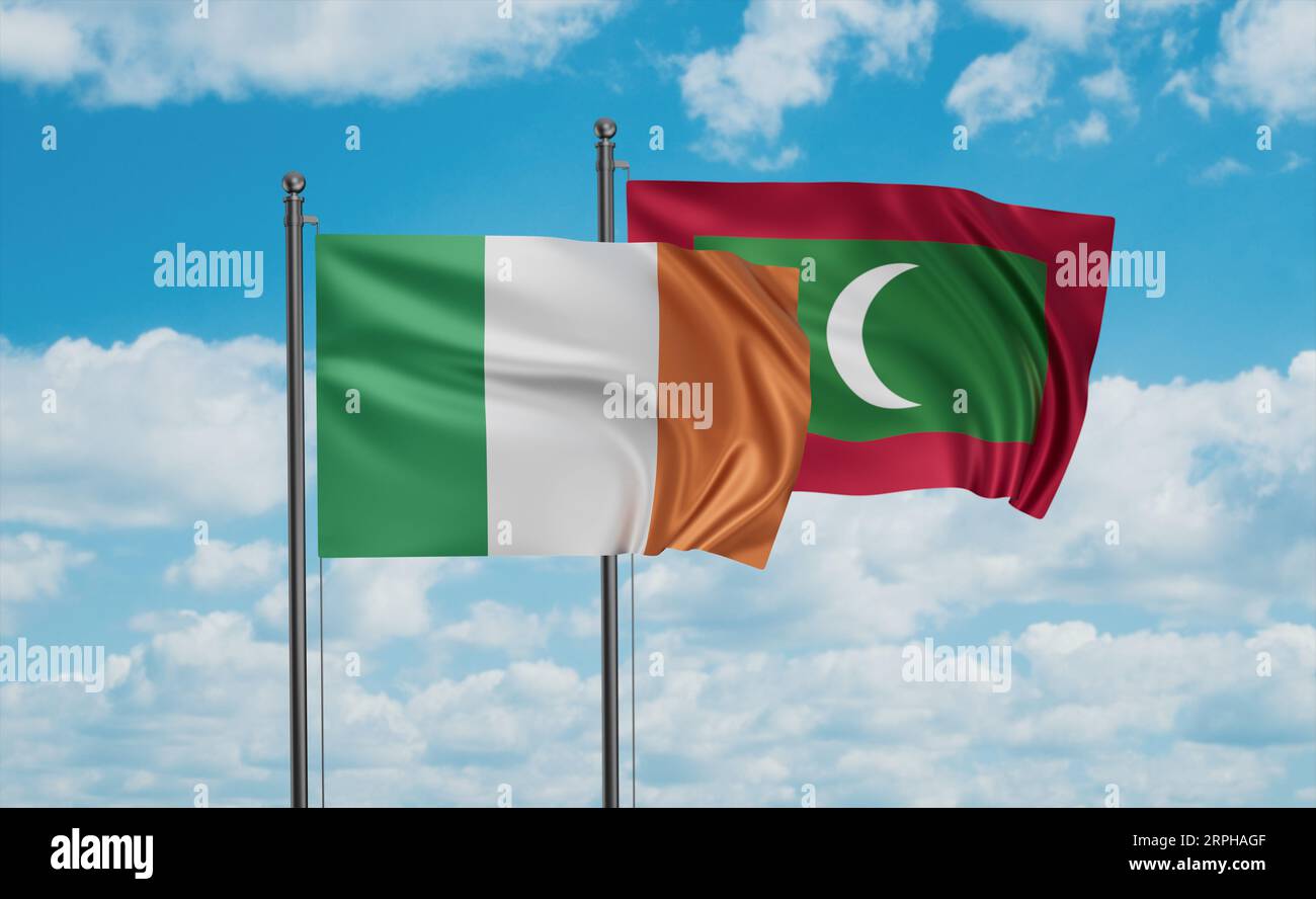 Maldives flag and Ireland flag waving together on blue sky, two country ...