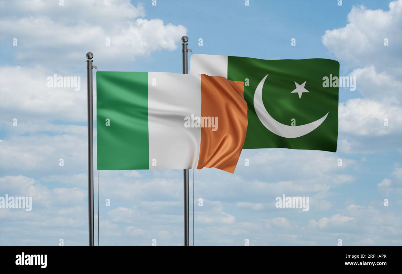 Pakistan flag and Ireland flag waving together on blue sky, two country ...