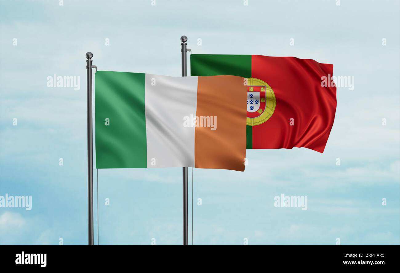 Portugal and Ireland flag waving together in the wind on blue sky, two ...