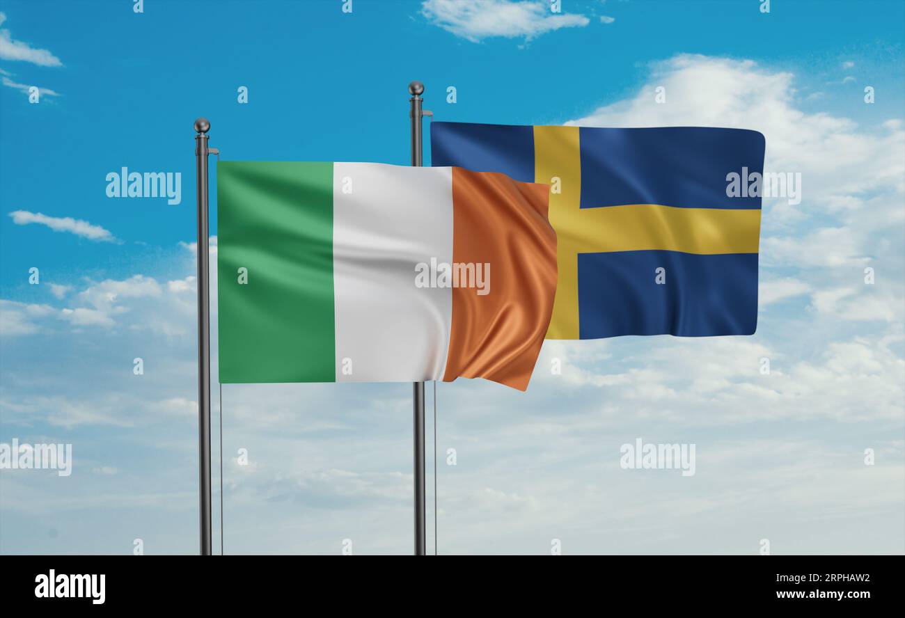 Sweden and Ireland flag waving together in the wind on blue sky, two ...