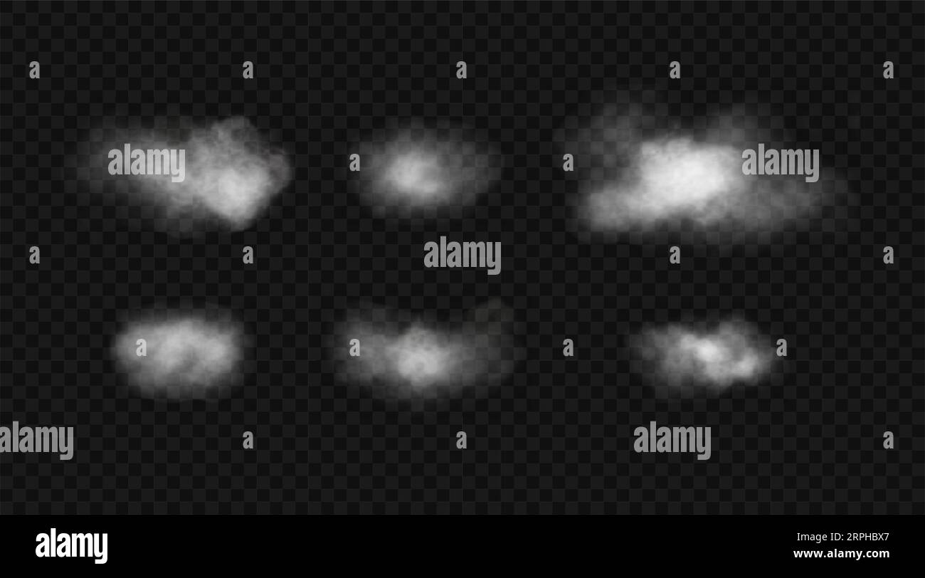 White clouds of smoke, fog, mist flow isolated on transparent backdrop ...
