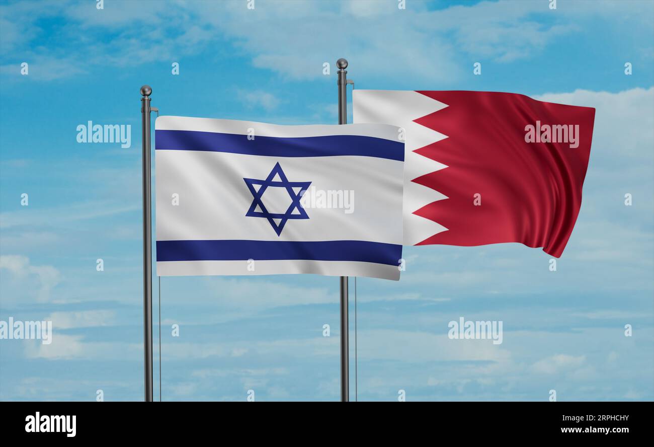 Bahrain flag and Israel flag waving together on blue sky, two country ...