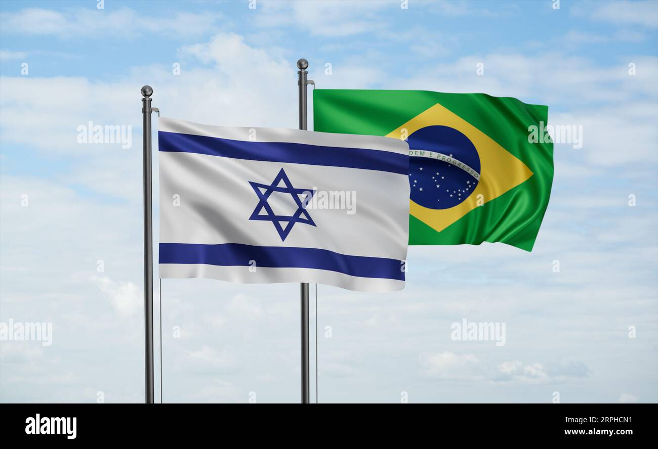 Brazil flag and Israel flag waving together on blue sky, two country ...