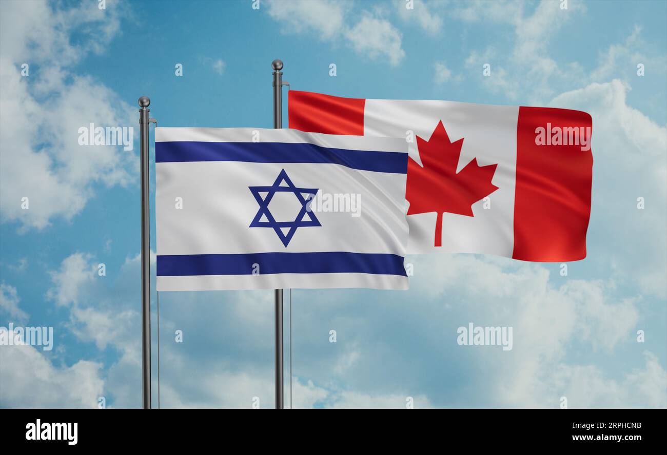 Canada and Israel flag waving together in the wind on blue sky, two ...