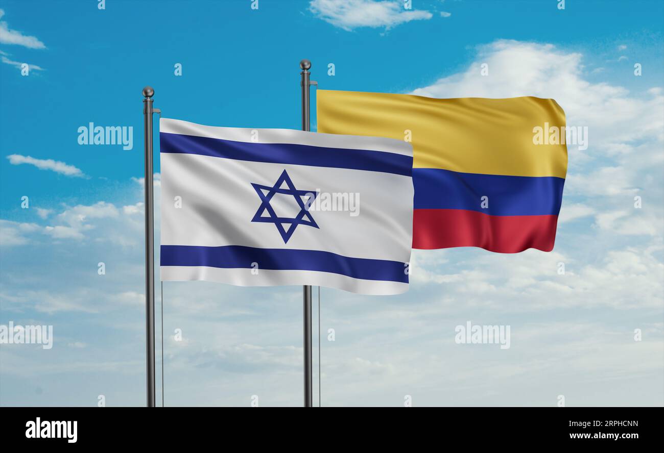 Colombia and Israel flag waving together in the wind on blue sky, two ...