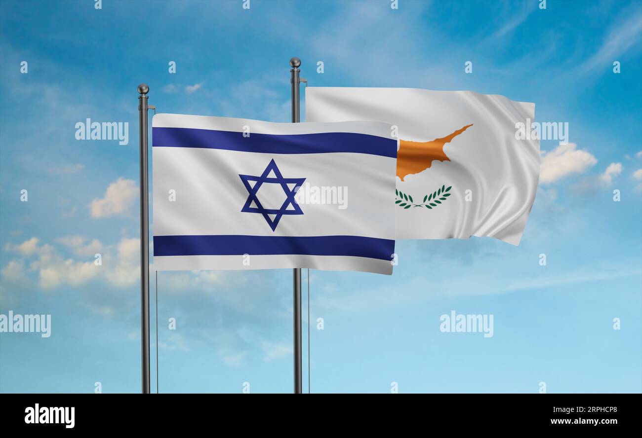 Cyprus flag and Israel flag waving together on blue sky, two country ...
