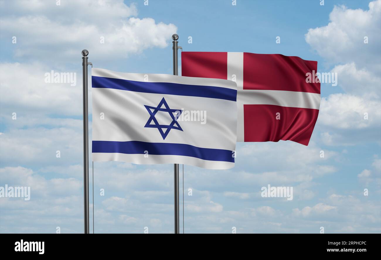Denmark flag and Israel flag waving together on blue sky, two country ...
