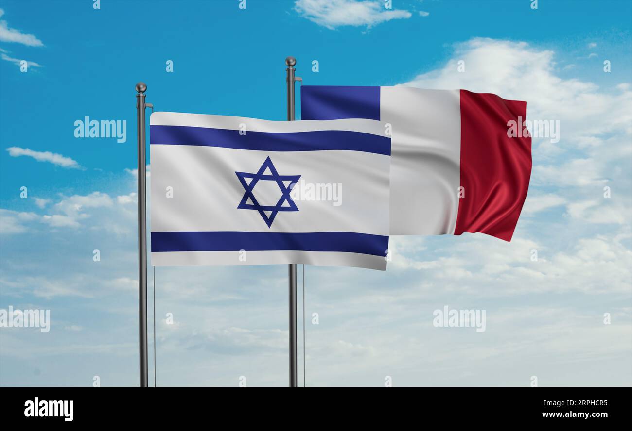 Two Israel flags waving together on blue sky, two country cooperation ...