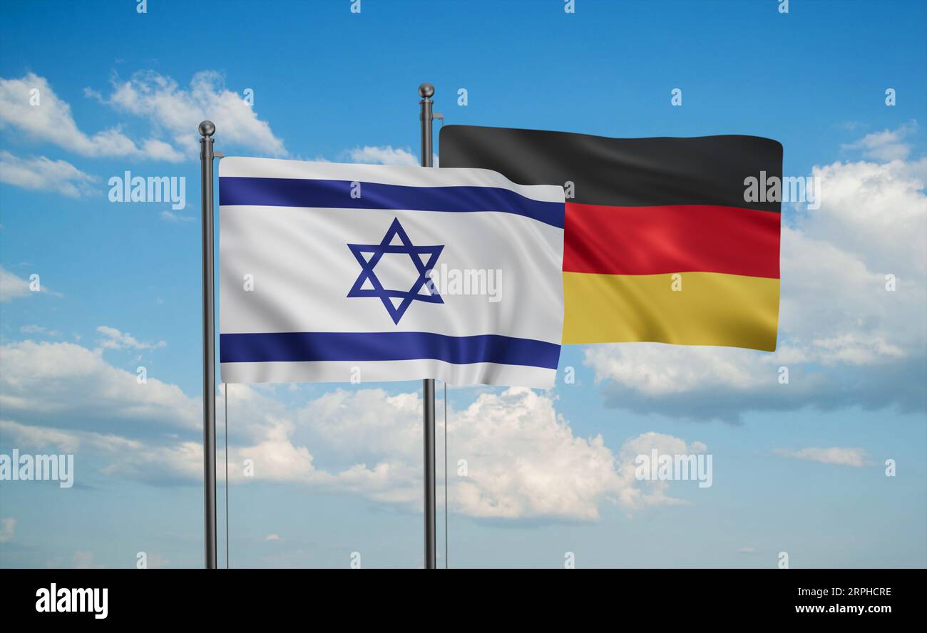 Germany flag and Israel flag waving together on blue sky, two country ...