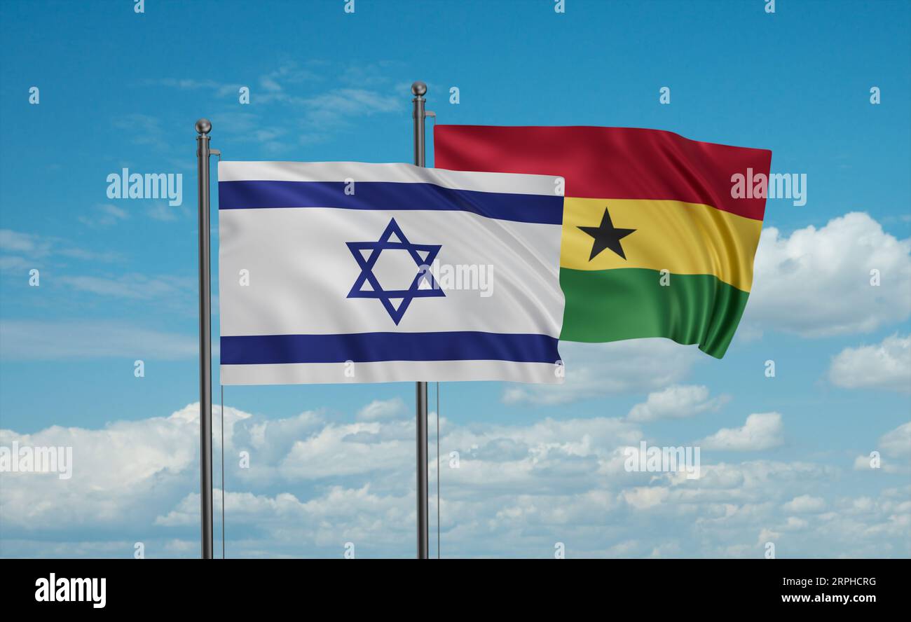 Ghana flag and Israel flag waving together on blue sky, two country ...